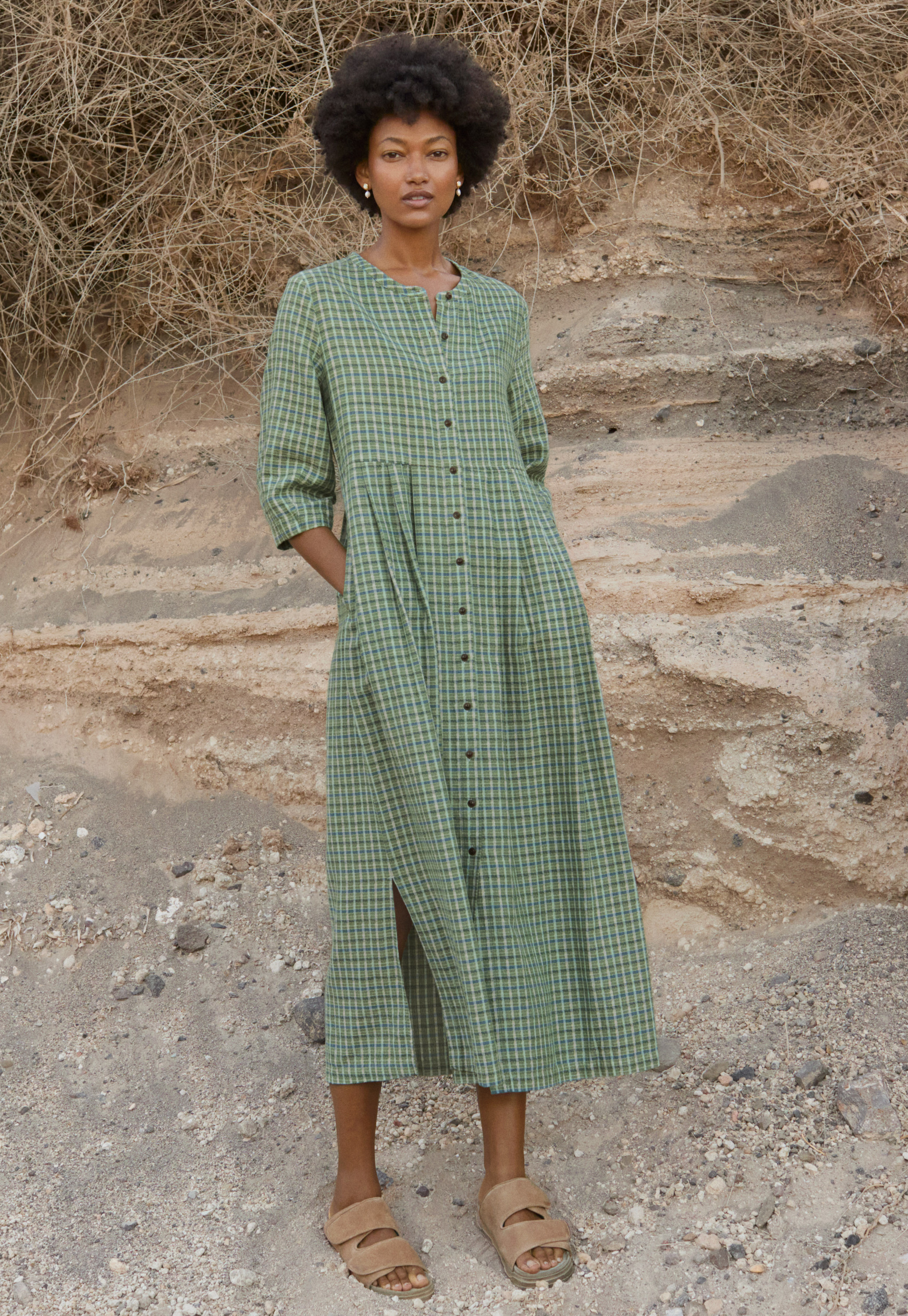 Poetry Cotton linen long checked dress